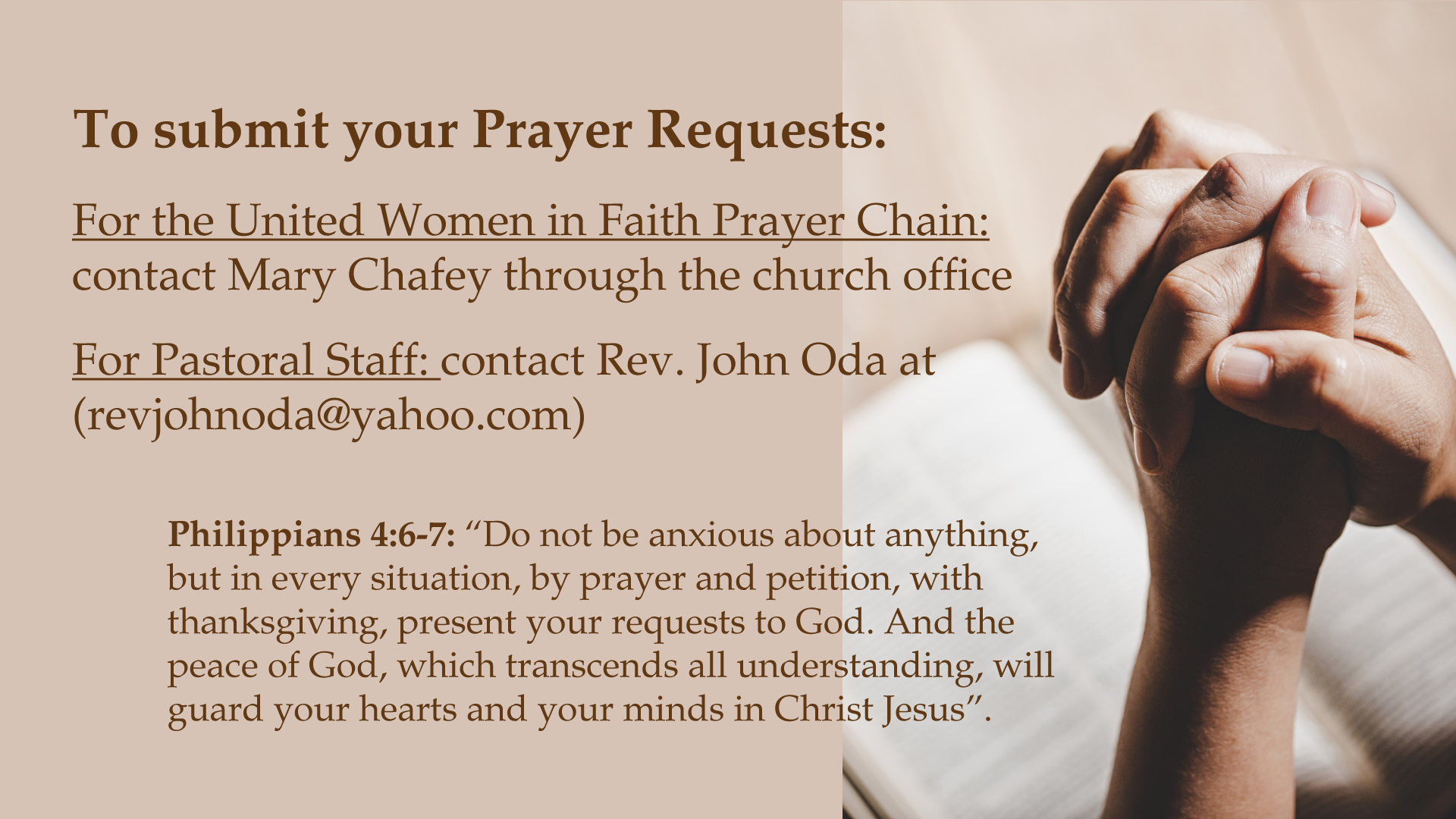 To submit your Prayer Requests | Wesley United Methodist Church - CA
