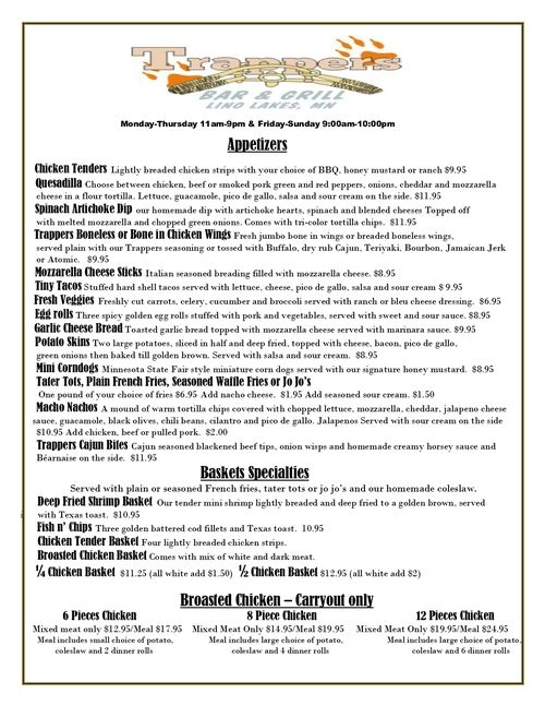 Trappers - Dinner Menu
