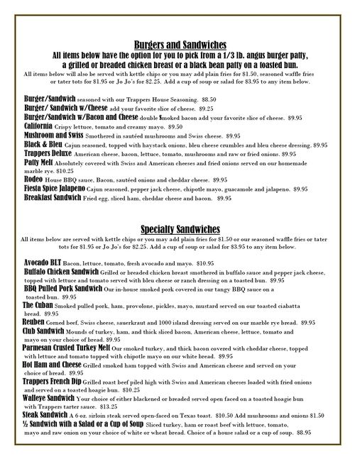 Trappers - Dinner Menu