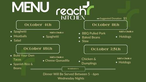 Reach Church - Wednesday Night Dinner Menu